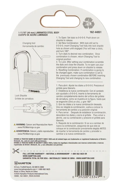 162-44051 44mm 4 Dial Resettable Laminated Steel Padlock – Brinks.Care