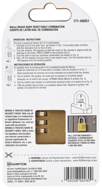 171-40051 40mm 3 Dial Resettable Solid Brass Padlock – Brinks.Care