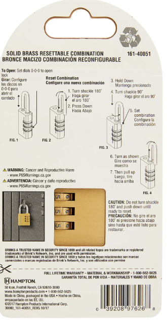 171-40051 40mm 3 Dial Resettable Solid Brass Padlock – Brinks.Care